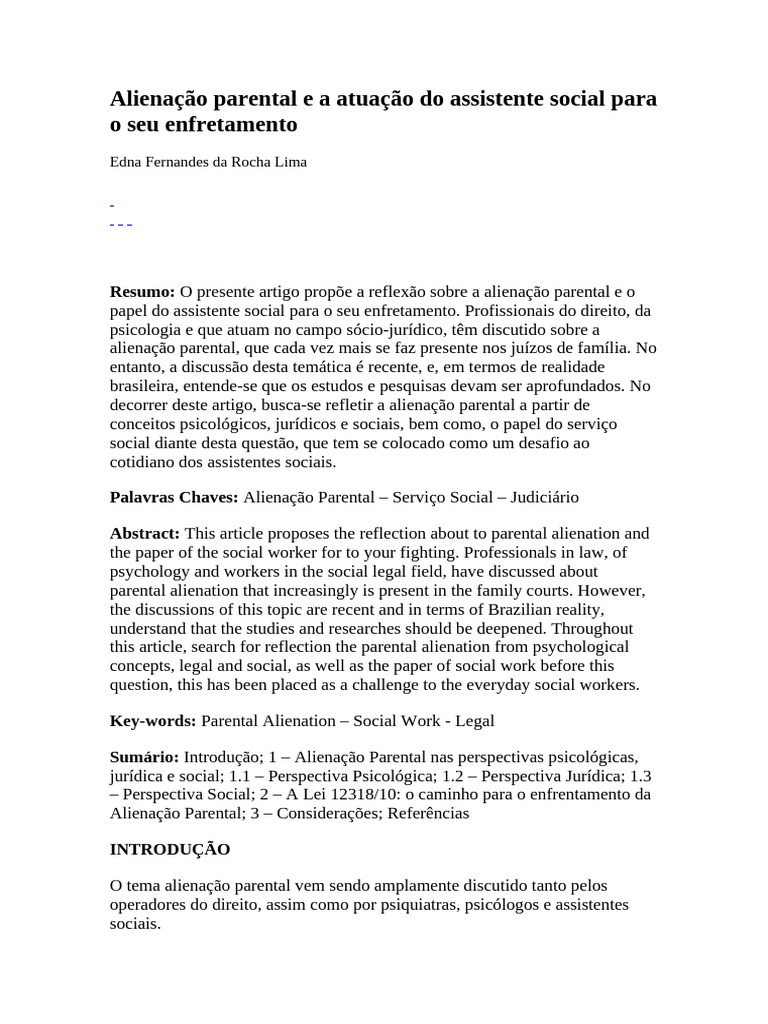 Alienação Parental e A Atuação Do Assistente Social para o Seu ...