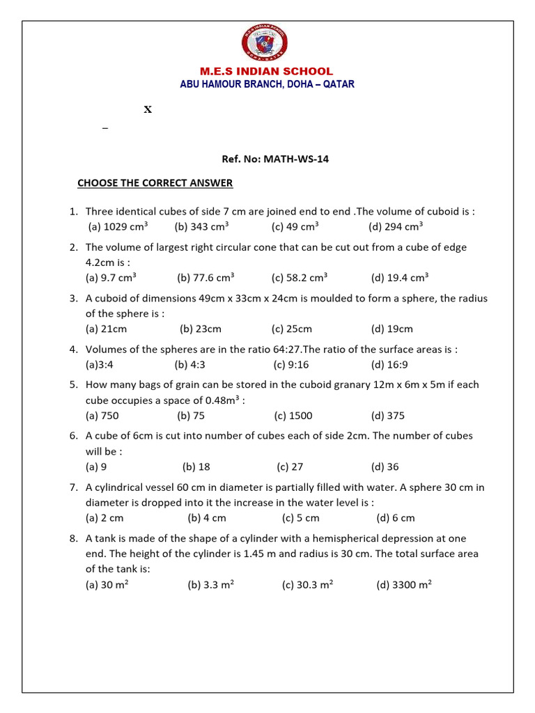 Grade 10 Math Worksheet: Surface Areas & Volumes | PDF | Sphere ...