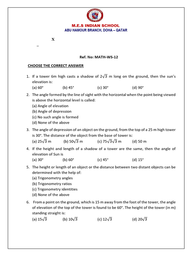 Grade10MathWorksheet SomeApplicationofTrigonometry | PDF | Trigonometry ...
