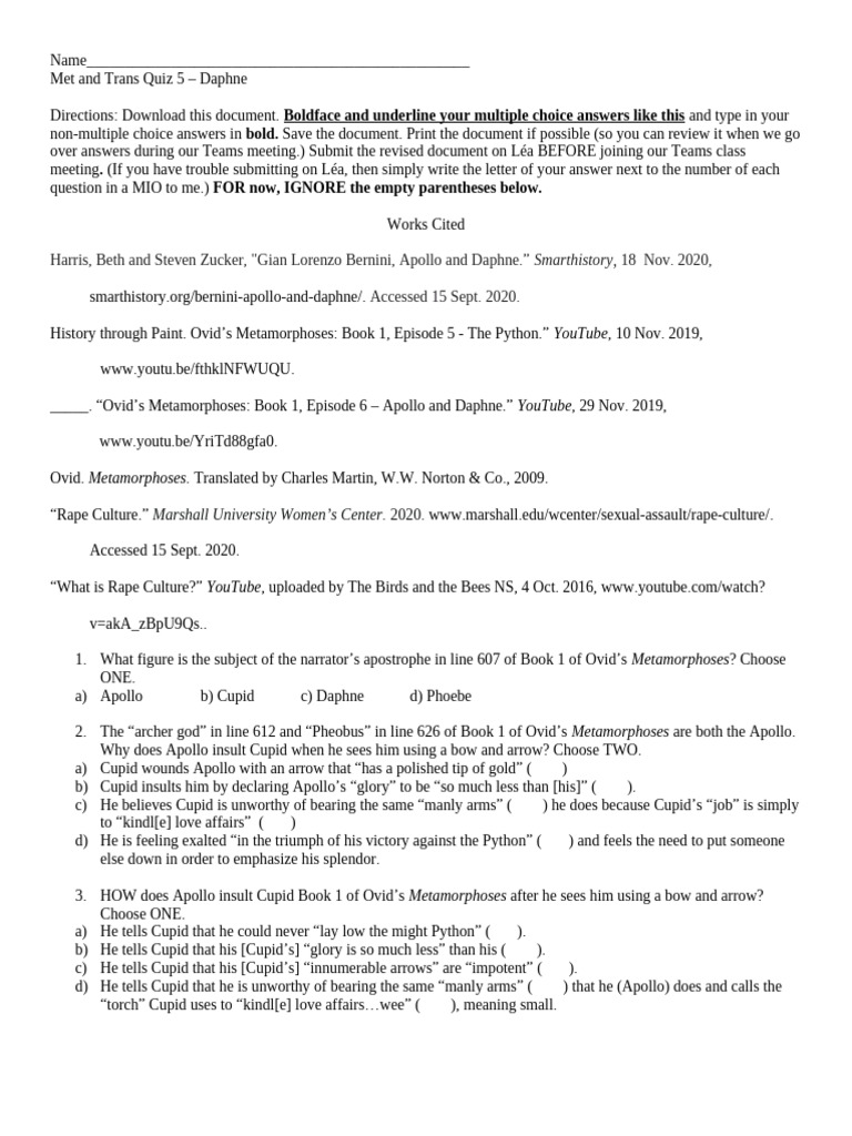 Daphne and Apollo and Rape Culture Quiz | PDF | Cupid | Apollo
