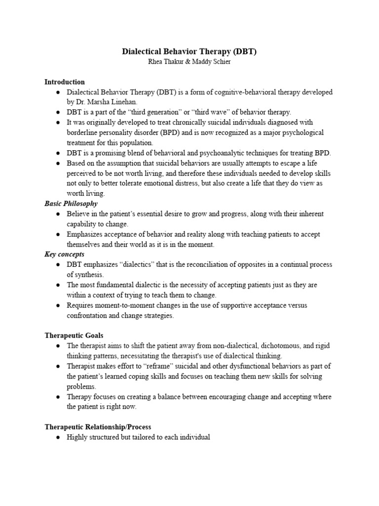 DBT Chaper Summary | PDF | Dialectical Behavior Therapy | Psychotherapy