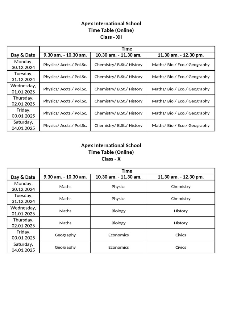 Apex Online Classes Timetable 2025 | PDF
