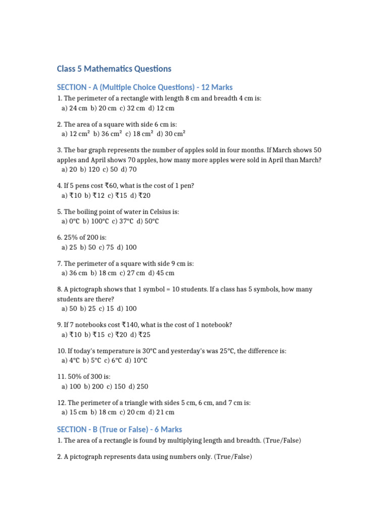 Class 5 Math Questions Section Wise | PDF | Area | Length