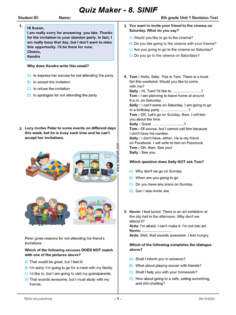 8th Grade Unit 1 Revision Quiz | PDF