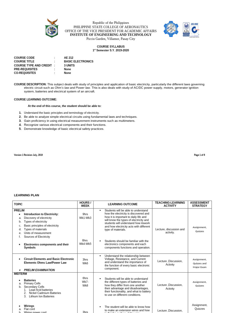 Basic Elecs Syllabus Ae 2019 | PDF | Engineering | Electricity