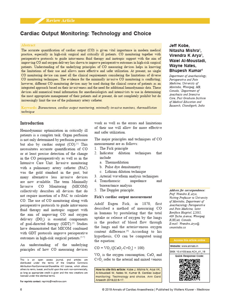 Cardiac Output Monitoring - Technology and Device | PDF | Circulatory ...