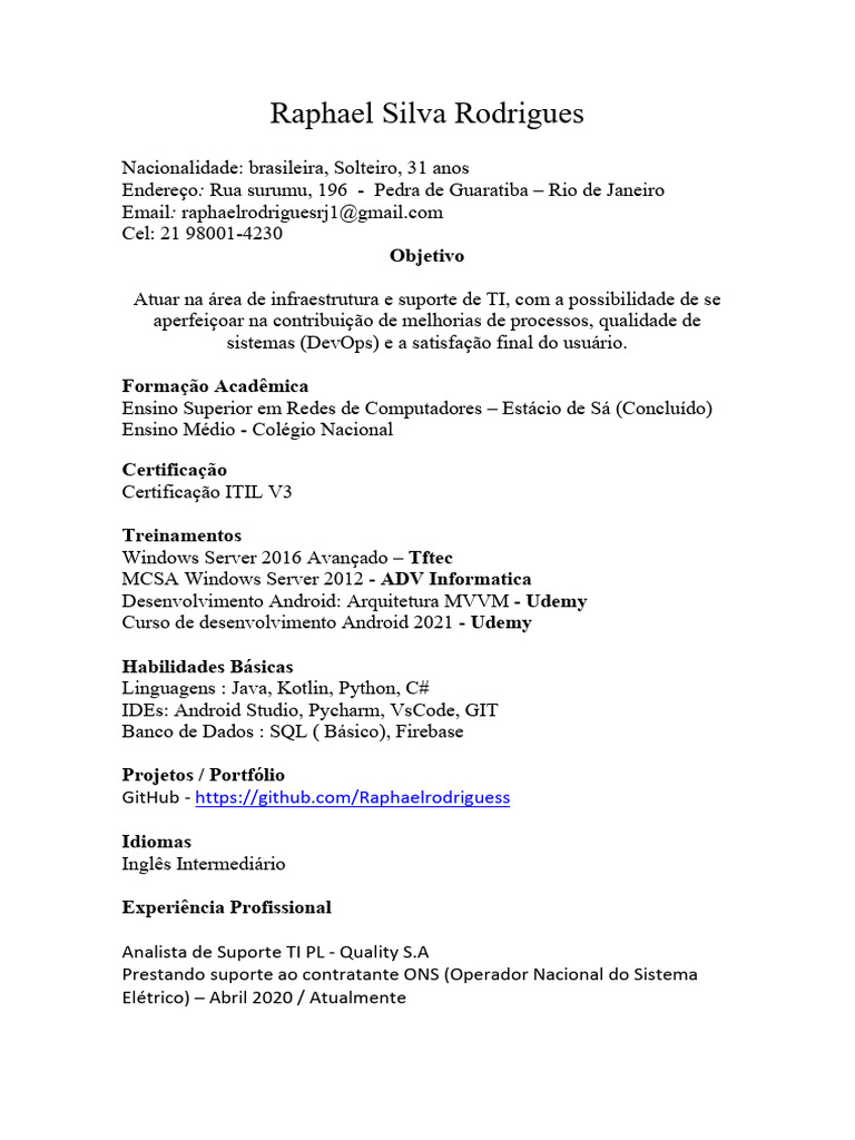 Curriculo Profissional - Raphael Rodrigues - INFRA-5 | PDF