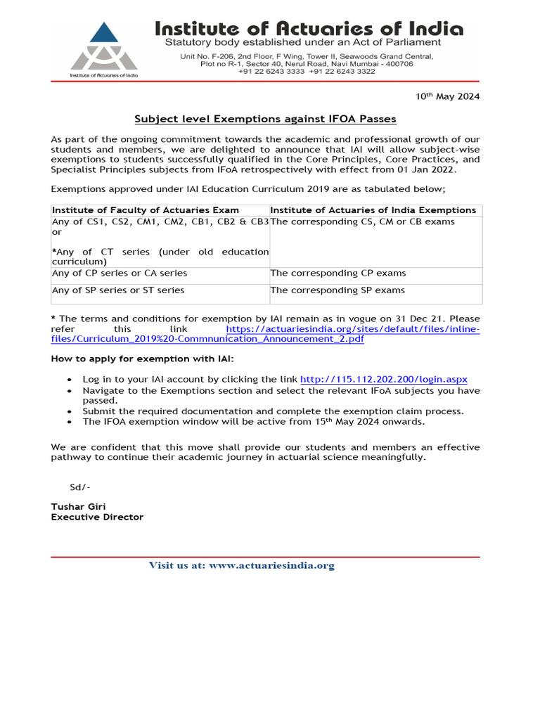 IAI Subject Exemptions for IFoA Passes | PDF