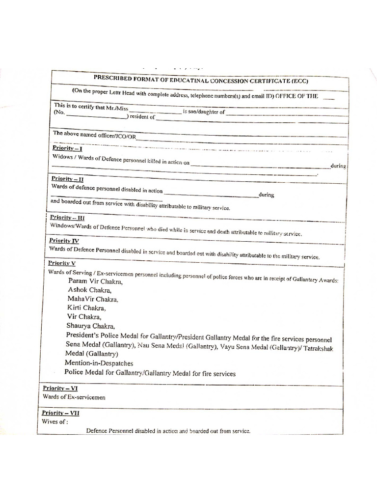 Prescribed Format of Educational Concession Certificate (ECC) | PDF