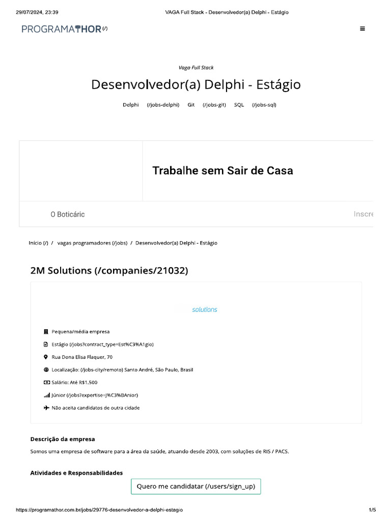 Desenvolvedor(a) Delphi - Estágio | PDF