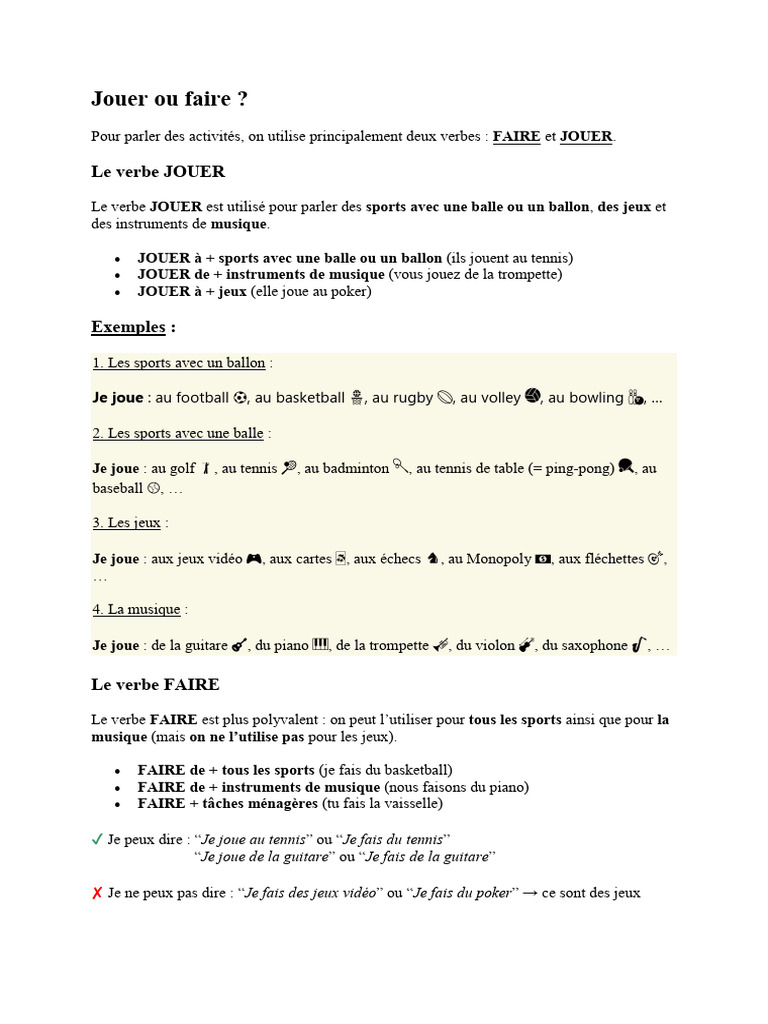 Verbes "faire" et "jouer" en FLE | PDF | Échecs | Théorie (échecs)