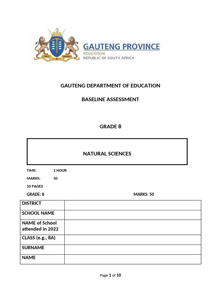 NS Grade 8 Baseline Assessment 2024 | PDF | Chemical Substances | Heat