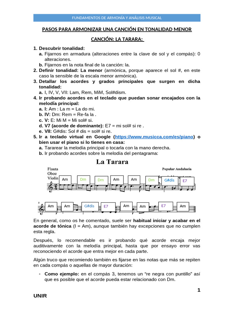 PASOS PARA ARMONIZAR UNA CANCIÓN EN TONALIDAD MENOR | PDF