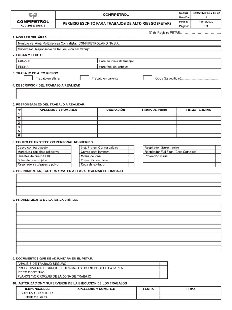 01 - Permiso Escrito Para Trabajos de Alto Riesgo (Petar) | PDF