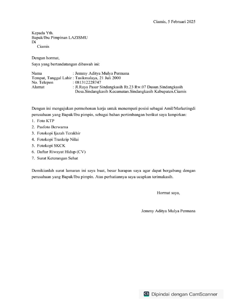 Surat Lamaran Lazismu | PDF