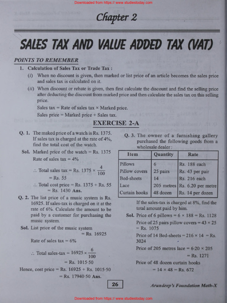 ICSE Class 10 Maths Ad Chapter 02 Sales Tax Value Added Tax VAT | PDF