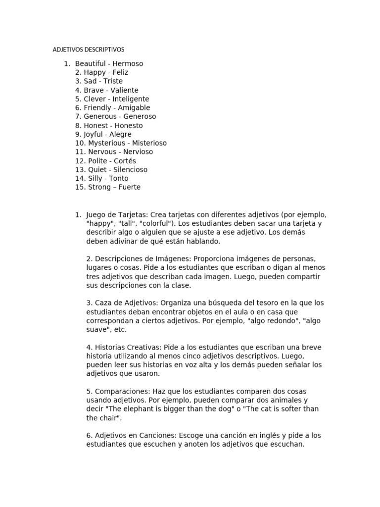 ADJETIVOS DESCRIPTIVOS | PDF