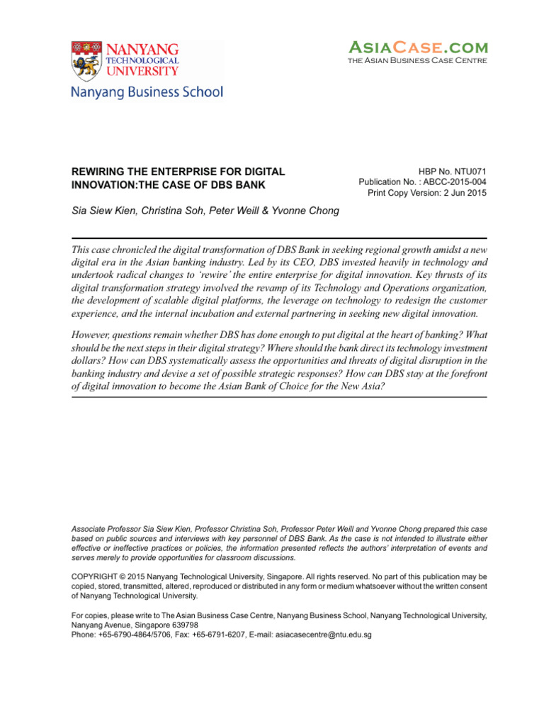 REWIRING THE ENTERPRISE FOR DIGITAL DBS BANK - Case Study | PDF | Banks ...
