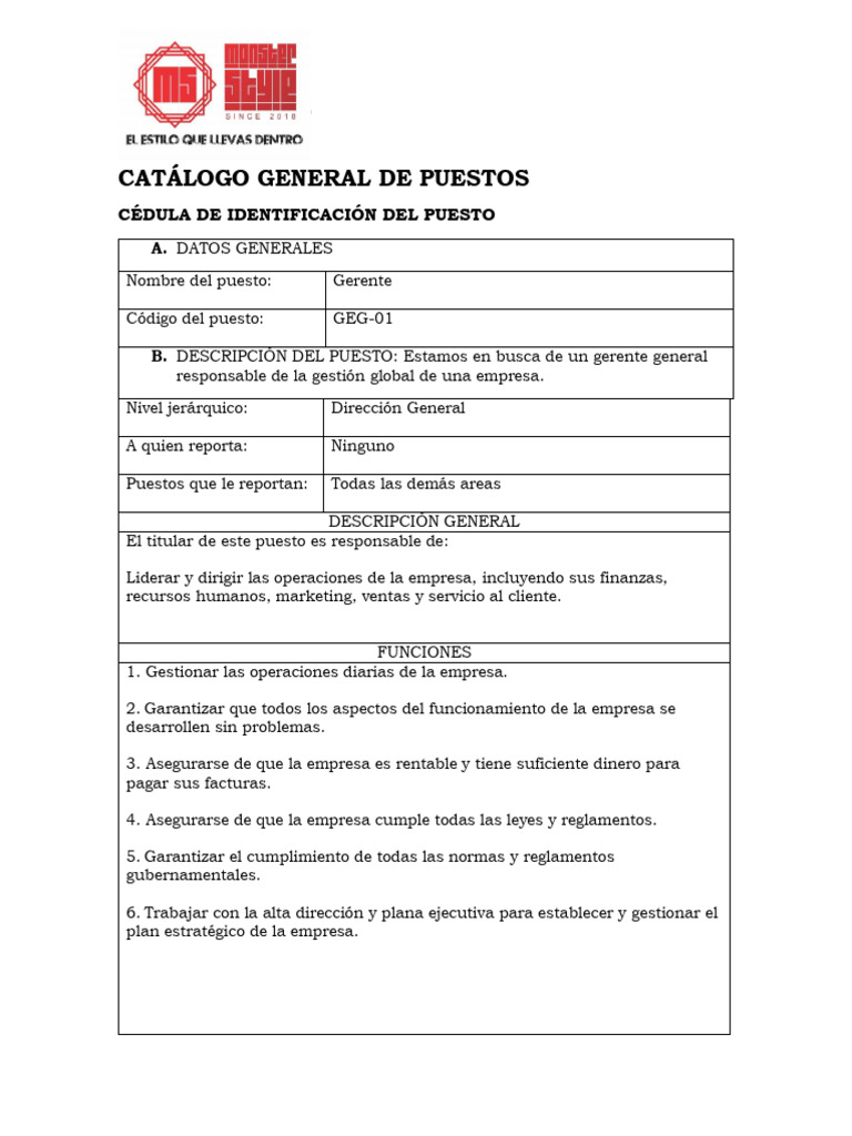 Catalogo de Puestos MS | PDF | Gestión de recursos humanos | Business