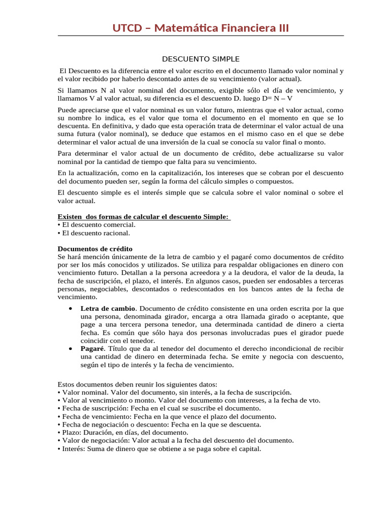 Descuento Simple Comercial | PDF | Bancos | Interés