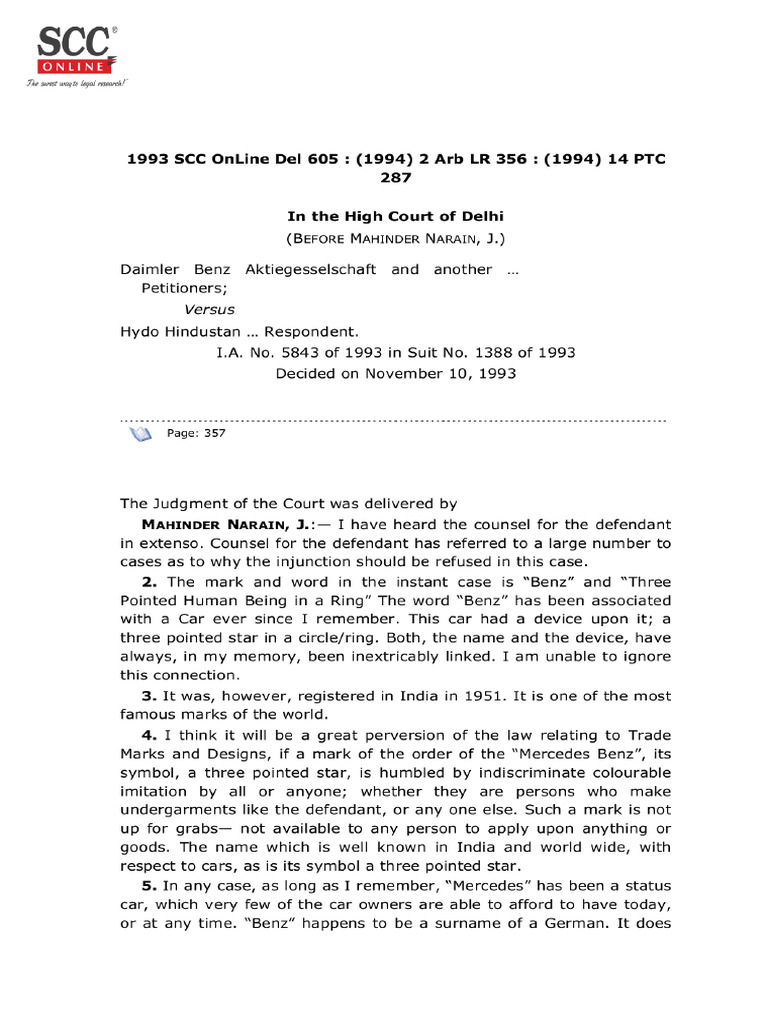Daimler Benz Aktiegesselschaft v. Hydo Hindustan, 1993 SCC OnLine Del 605 | PDF