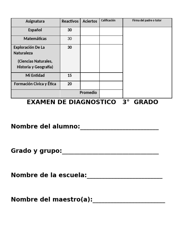 Examen de Diagnostico 3° Grado Tarea (1) - 1 - 3613 | PDF | Alimentos