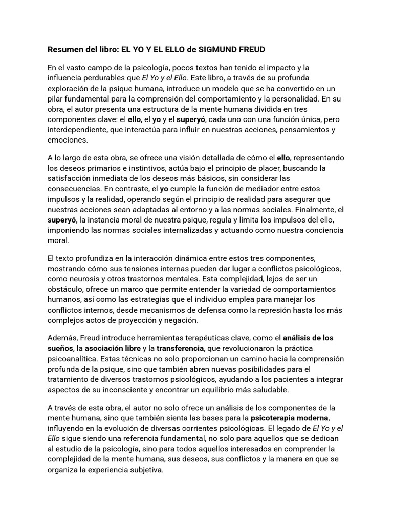 Resumen Del Libro - El Yo y El Ello de Sigmund Freud | PDF | Psicoanálisis | Mente inconsciente