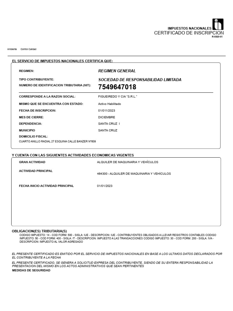 CERTIFICADO DE INSCRIPCION - NUEVO | PDF | Impuestos