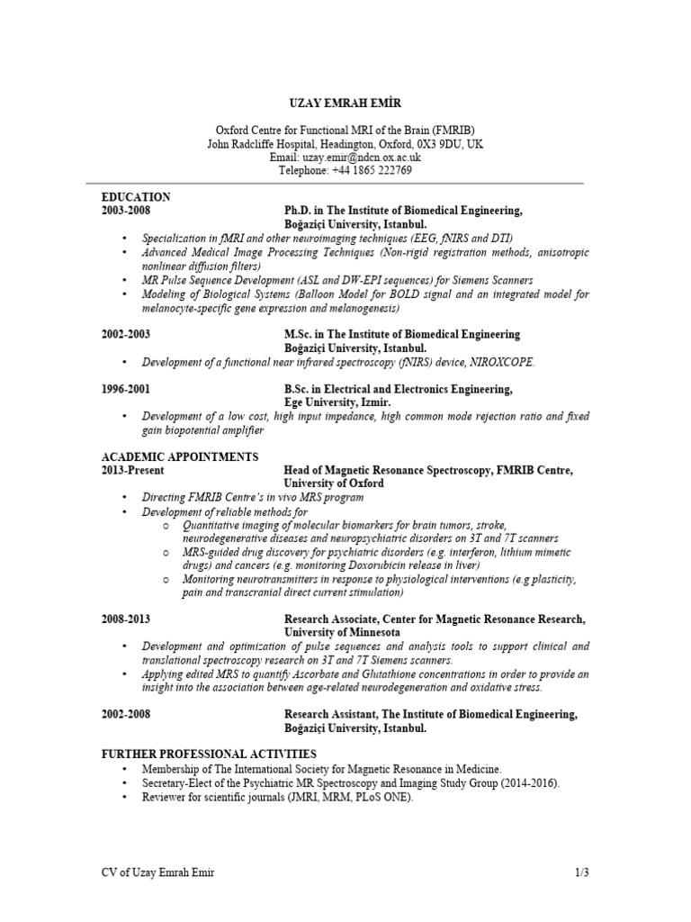 uzay_emir_CV_2015 | PDF | Magnetic Resonance Imaging | Functional Magnetic Resonance Imaging