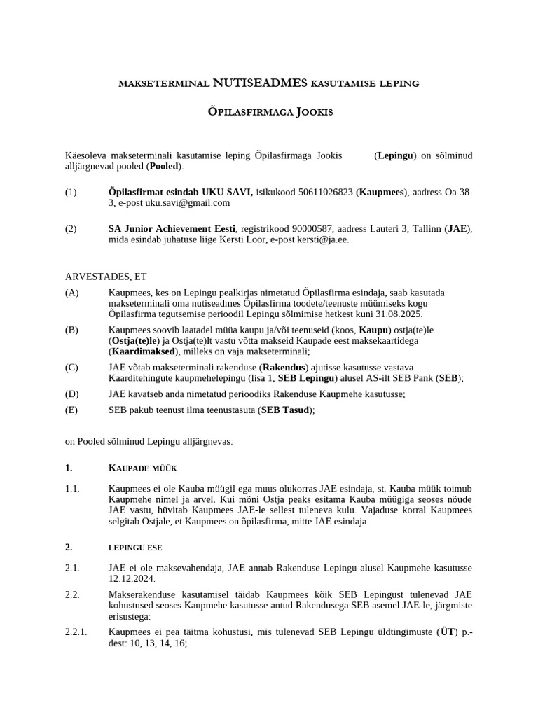 Makserakenduse Leping Õpilasfirmaga (Täisealine) | PDF