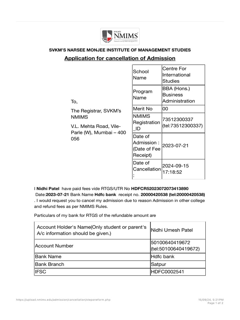 Nmims admission cancellation | PDF