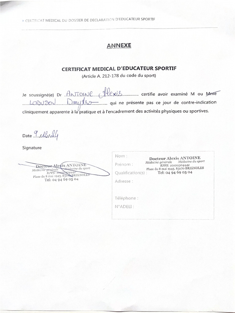 Certificat Medical Du Dossier de Declaration D'educateur Sportif | PDF