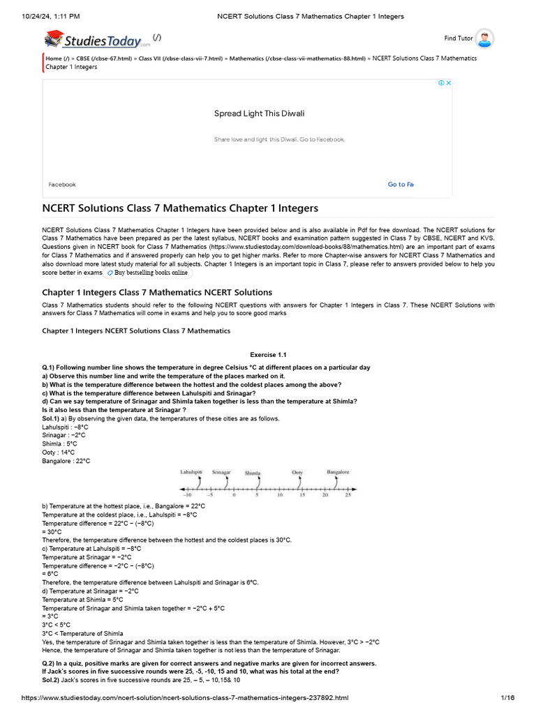 Class 7 Math: Integers Solutions | PDF | Numbers | Mathematics