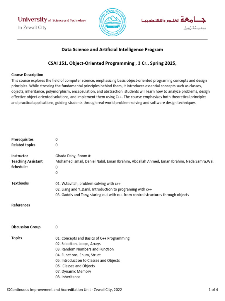 CSAI 151 - Syllabus - Spring 2025-1 | PDF | Object Oriented Programming | C++