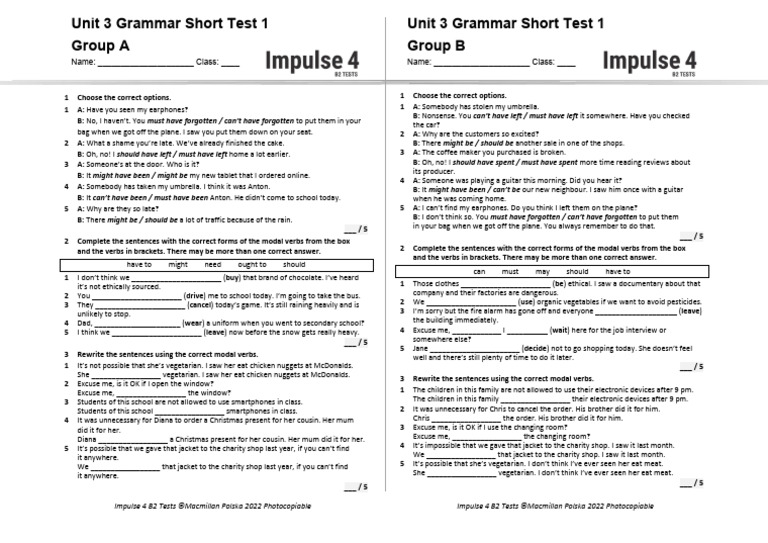 Unit 3 Grammar Short Test 1 a+B | PDF