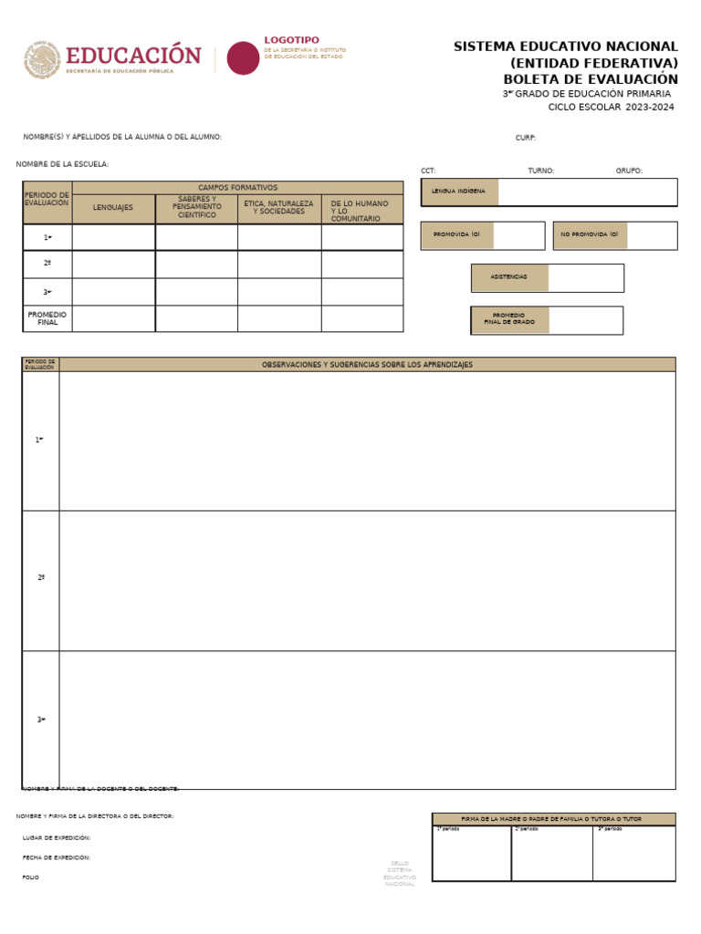 Boleta de Evaluación 3er Grado 2023-2024 | PDF | Aprendizaje