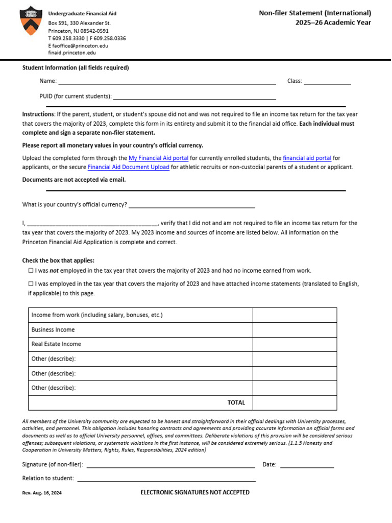International Non-Filer Statement Form | PDF | Student Financial Aid In ...