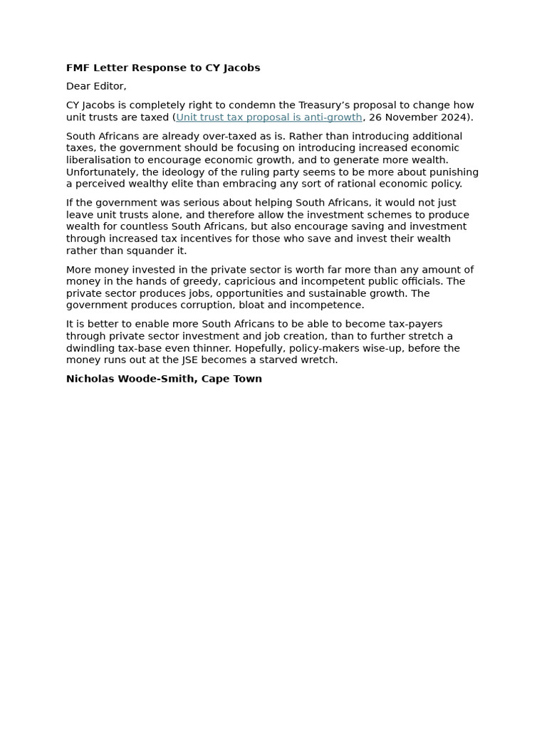 FMF Letter Response To CY Jacobs | PDF