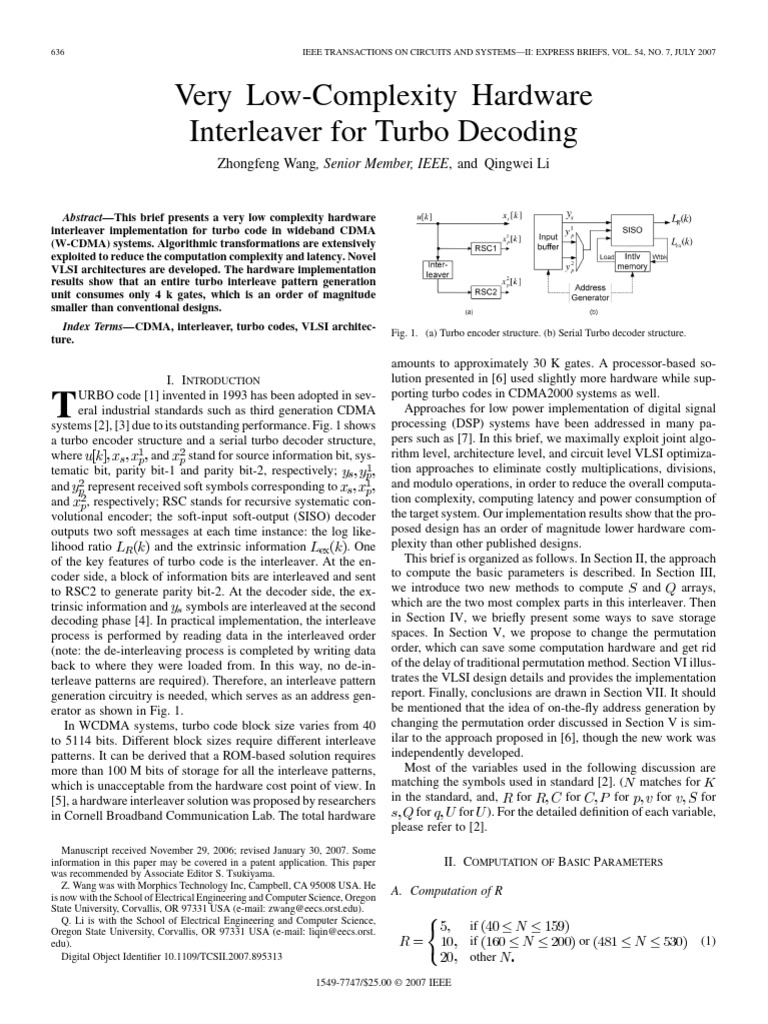 Very Low-Complexity Hardwareinterleaver For Turbo Decoding | PDF ...