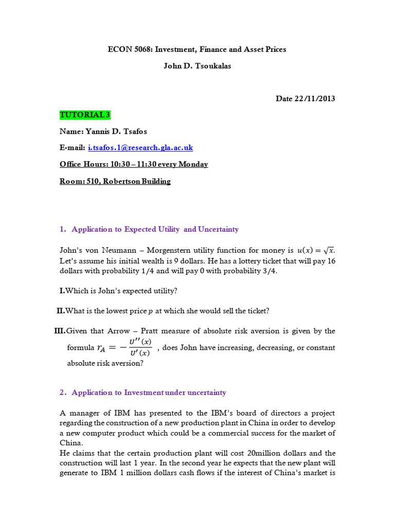 Tutorial 5 | PDF | Utility | Risk Aversion