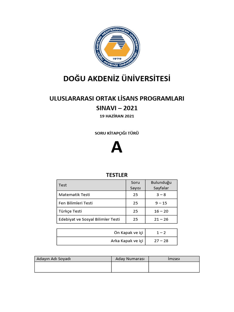 Dau Giris Ve Burs Sinavi 2021 Sorulari | PDF