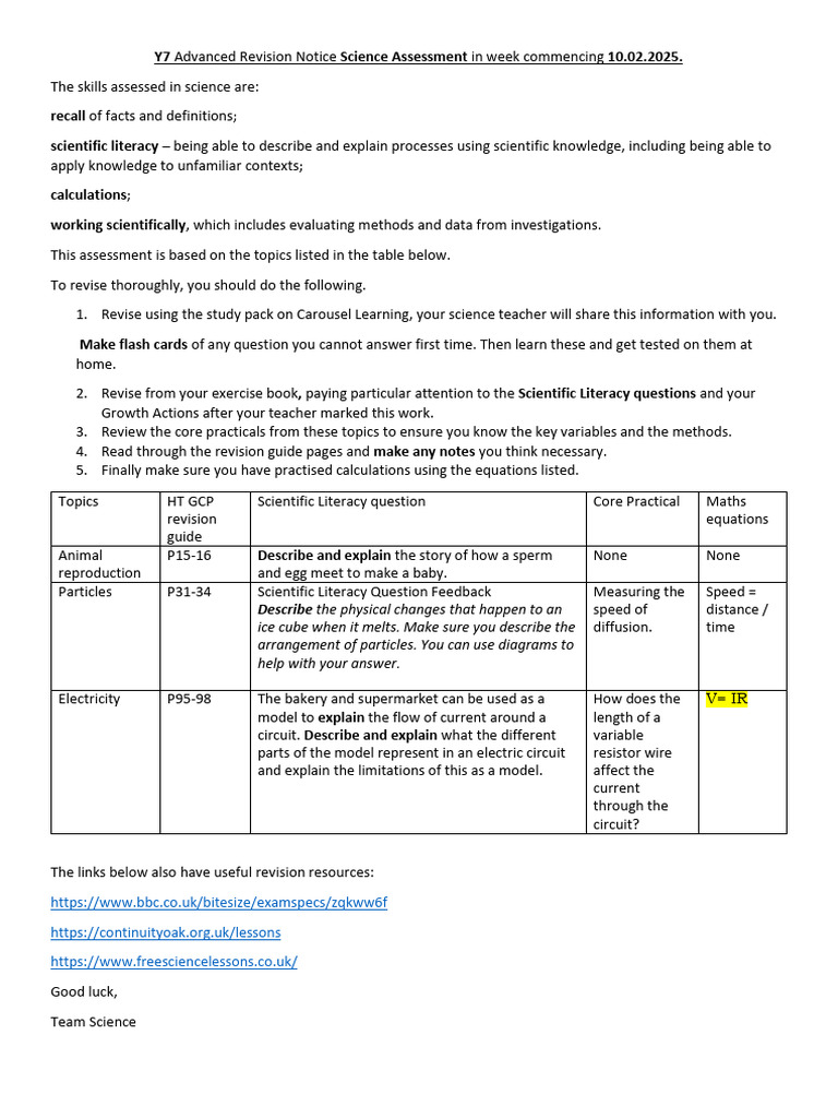 Y7 Advanced Revision Notice For Assessment On Reproduction Electricity ...