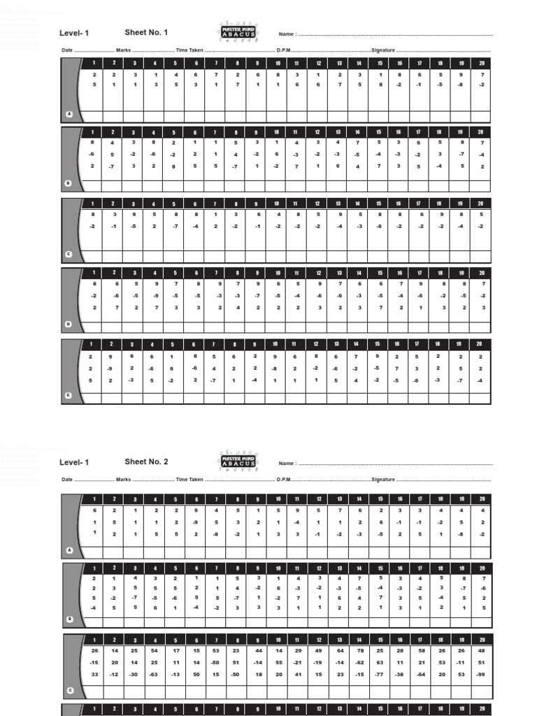 Master Mind Abacus Level 1 Practice Sheets | PDF | Teaching Mathematics