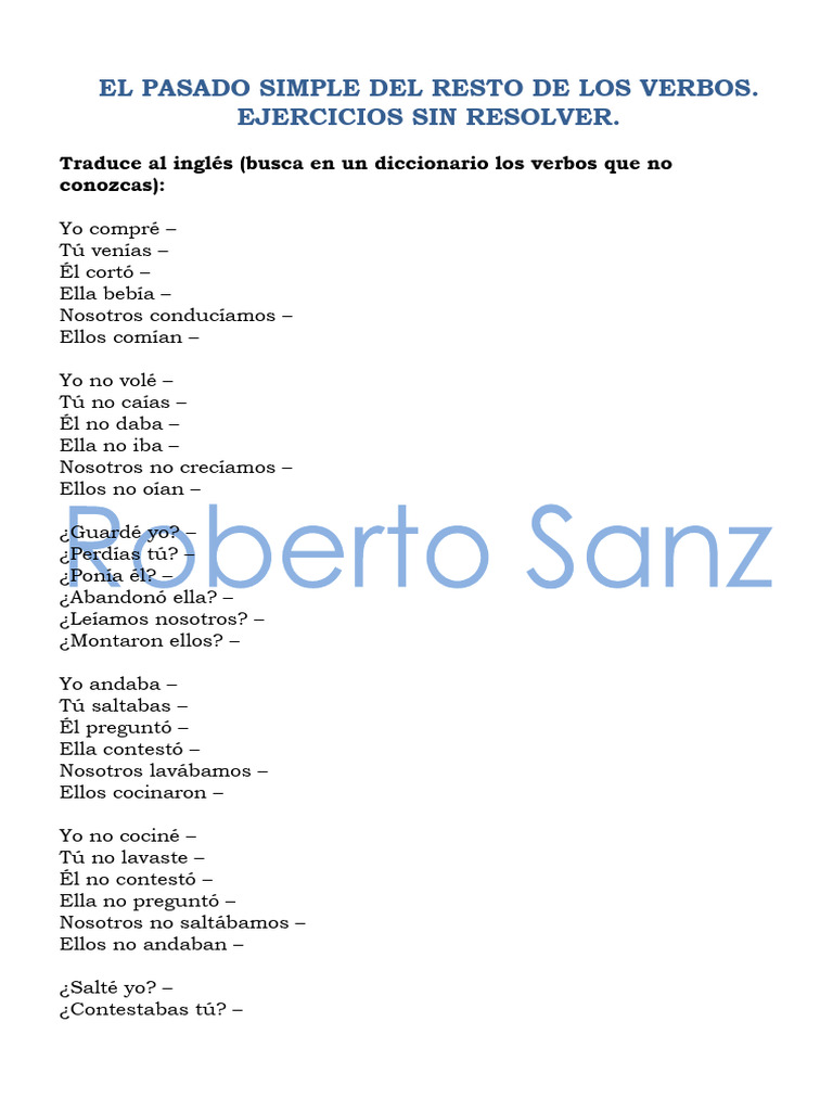 4.2 Clase 14. Ejercicios Sin Resolver. El Pasado Simple Del Resto de ...