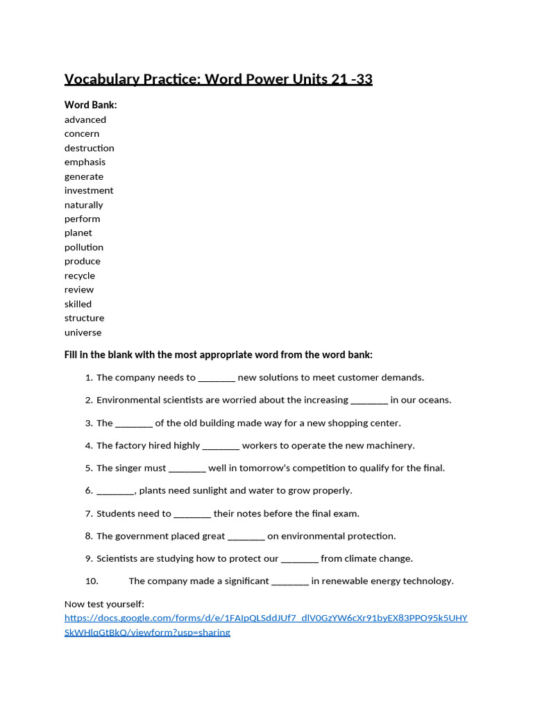 Vocabulary Practice: Word Power Units 21-33 | PDF
