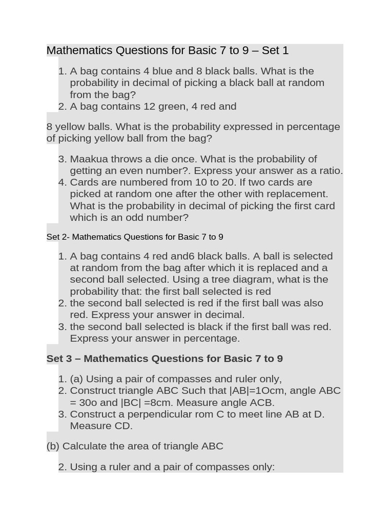 Basic 7-9 Mathematics Questions Set 1-6 | PDF | Euclidean Geometry ...