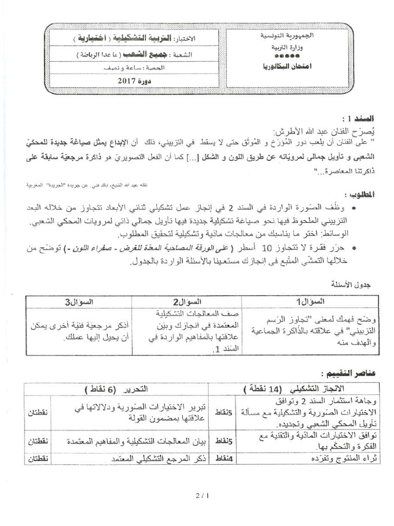 Epreuve Art Plastique Bac Math 2017 (Session Principale) - 543087-Idaraty | PDF