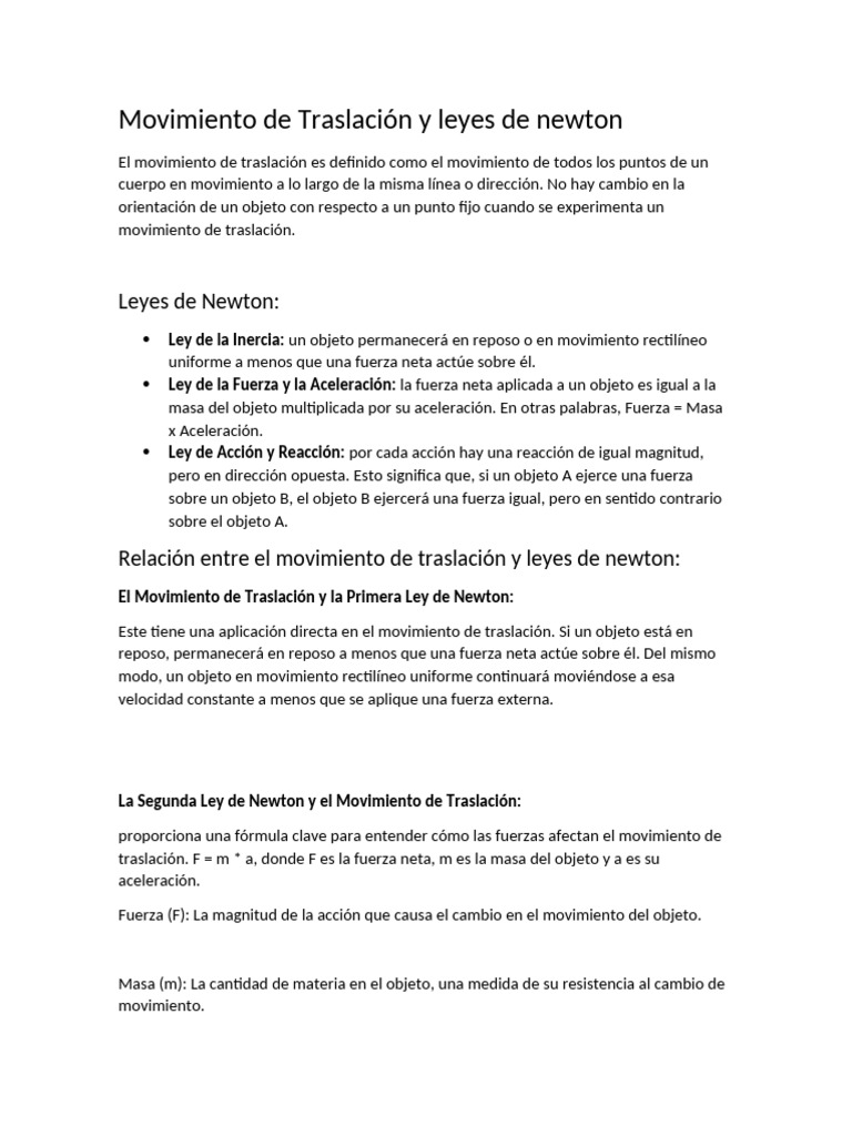 Movimiento de Traslación y Leyes de Newton | PDF | Fuerza | Las leyes del movimiento de Newton