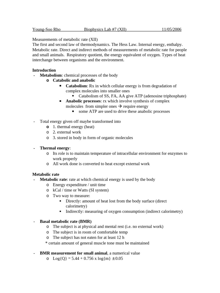 Biophysics labXII notes | PDF | Heat | Metabolism