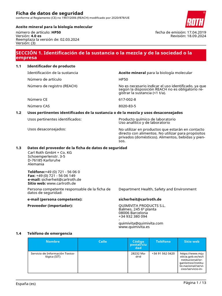 Fds Aceite Mineral Roth 09-2024 | PDF | Toxicidad | Residuos
